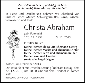 Traueranzeigen von Christa Abraham | www.abschied-nehmen.de