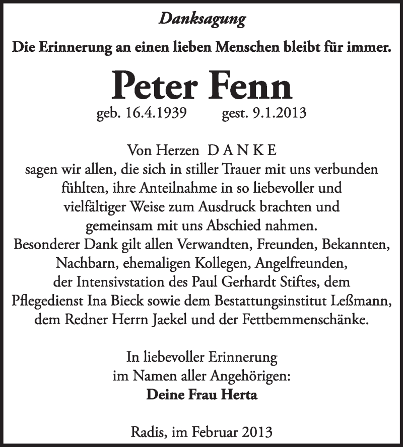 Traueranzeigen von Peter Fenn | www.abschied-nehmen.de