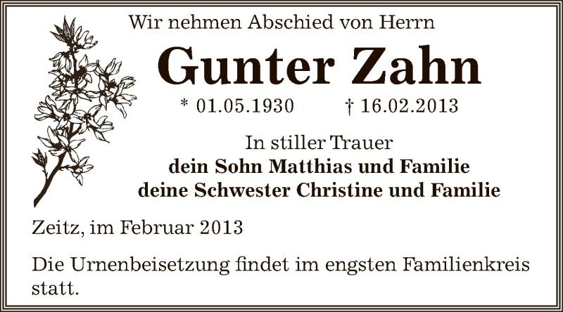 Traueranzeigen von Gunter Zahn | www.abschied-nehmen.de