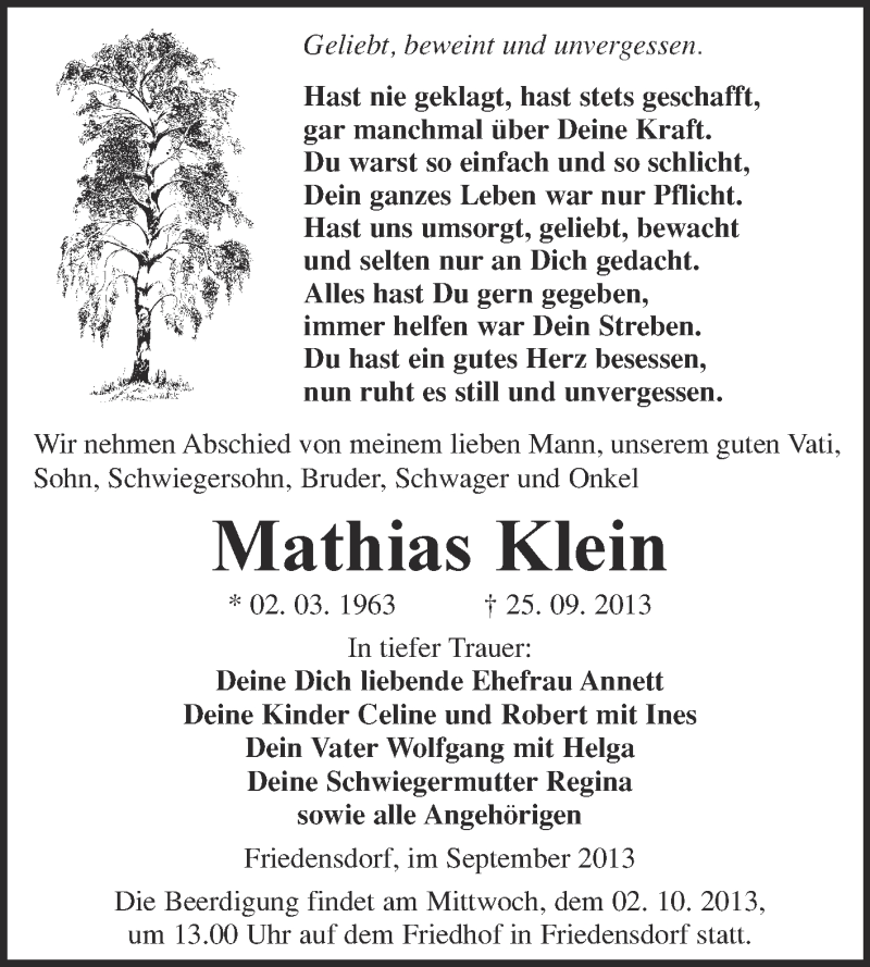 Traueranzeigen von Mathias Klein | www.abschied-nehmen.de Traueranzeigen von Mathias Klein | www.abschied-nehmen.de