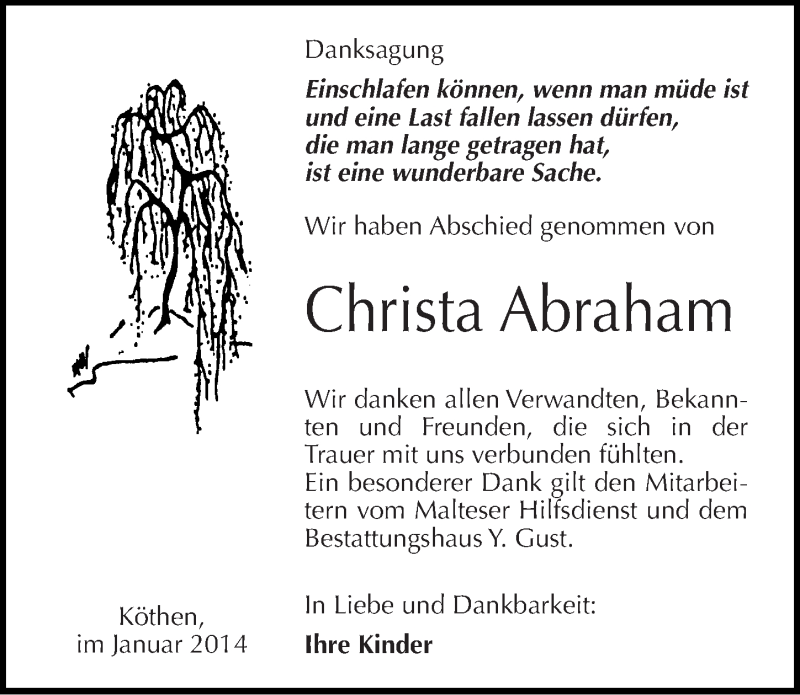 Traueranzeigen von Christa Abraham | www.abschied-nehmen.de