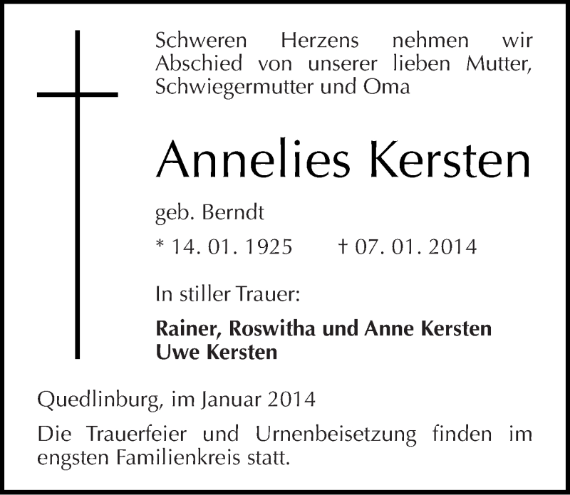 Traueranzeigen von Annelies Kersten | www.abschied-nehmen.de