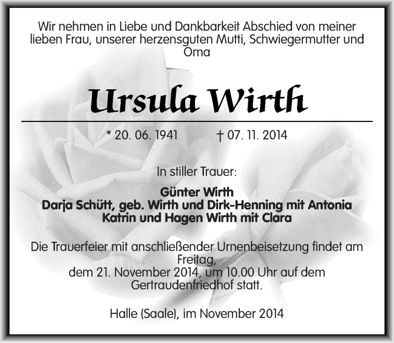 Traueranzeigen von Ursula Wirth | www.abschied-nehmen.de