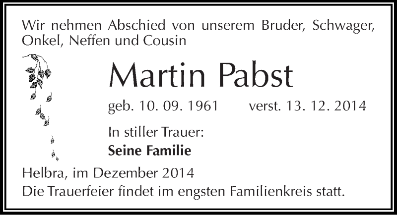 Traueranzeigen von Martin Pabst | www.abschied-nehmen.de