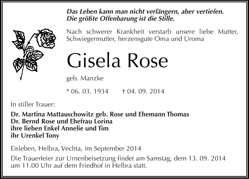 Traueranzeigen von Gisela Rose | www.abschied-nehmen.de