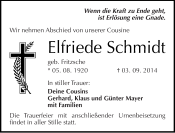 Traueranzeigen von Elfriede Schmidt | www.abschied-nehmen.de
