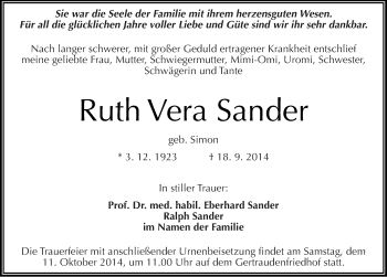 Traueranzeigen von Ruth Vera Sander | www.abschied-nehmen.de