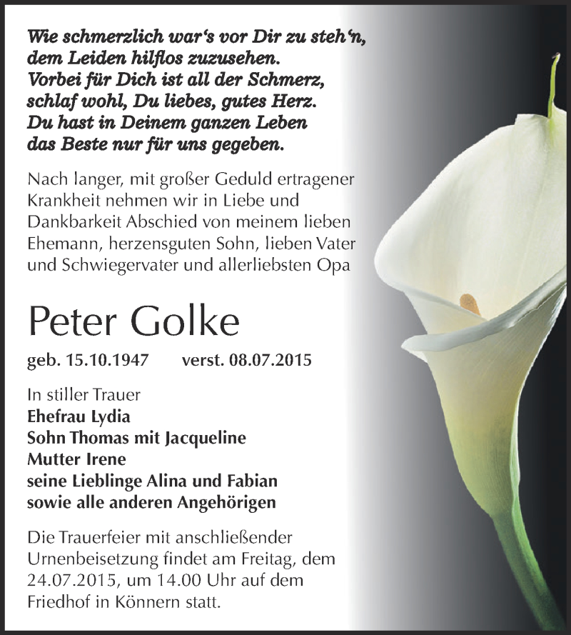 Traueranzeigen von Peter Golke | www.abschied-nehmen.de