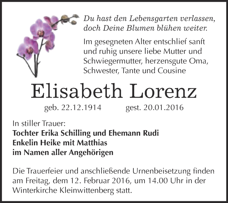 Traueranzeigen von Elisabeth Lorenz | www.abschied-nehmen.de Traueranzeigen von Elisabeth Lorenz | www.abschied-nehmen.de