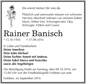 Traueranzeigen von Rainer Banisch | www.abschied-nehmen.de