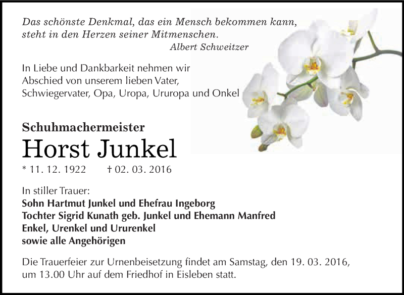 Traueranzeigen von Horst Junkel | www.abschied-nehmen.de