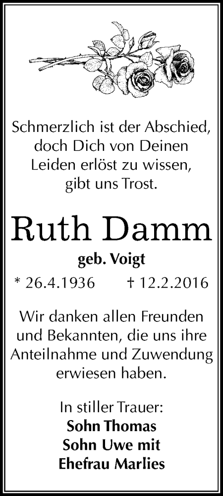 Traueranzeigen von Ruth Damm | www.abschied-nehmen.de