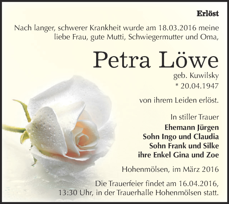 Traueranzeigen von Petra Löwe | www.abschied-nehmen.de