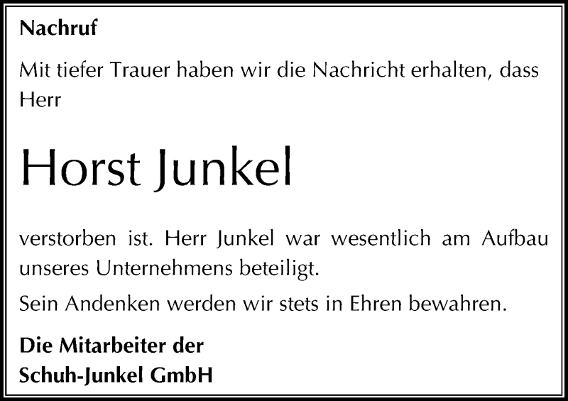 Traueranzeigen von Horst Junkel | www.abschied-nehmen.de