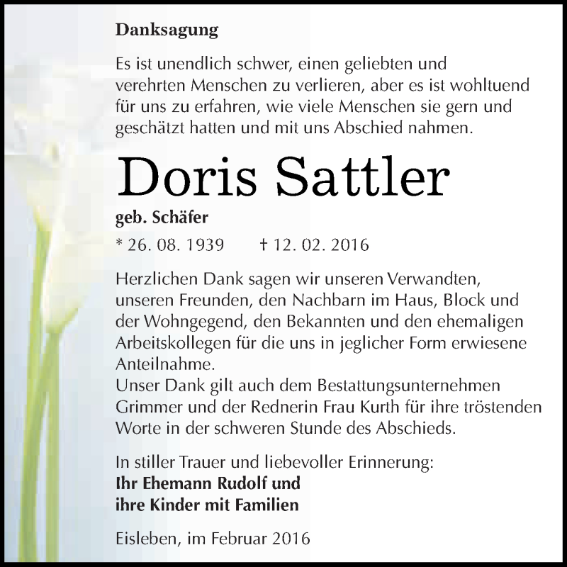 Traueranzeigen von Doris Sattler | www.abschied-nehmen.de