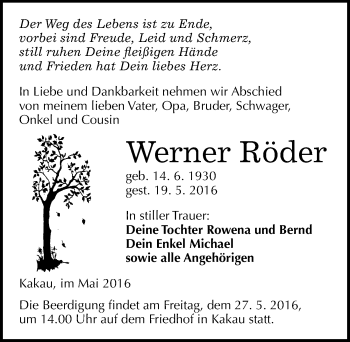 Traueranzeigen von Werner Röder | www.abschied-nehmen.de