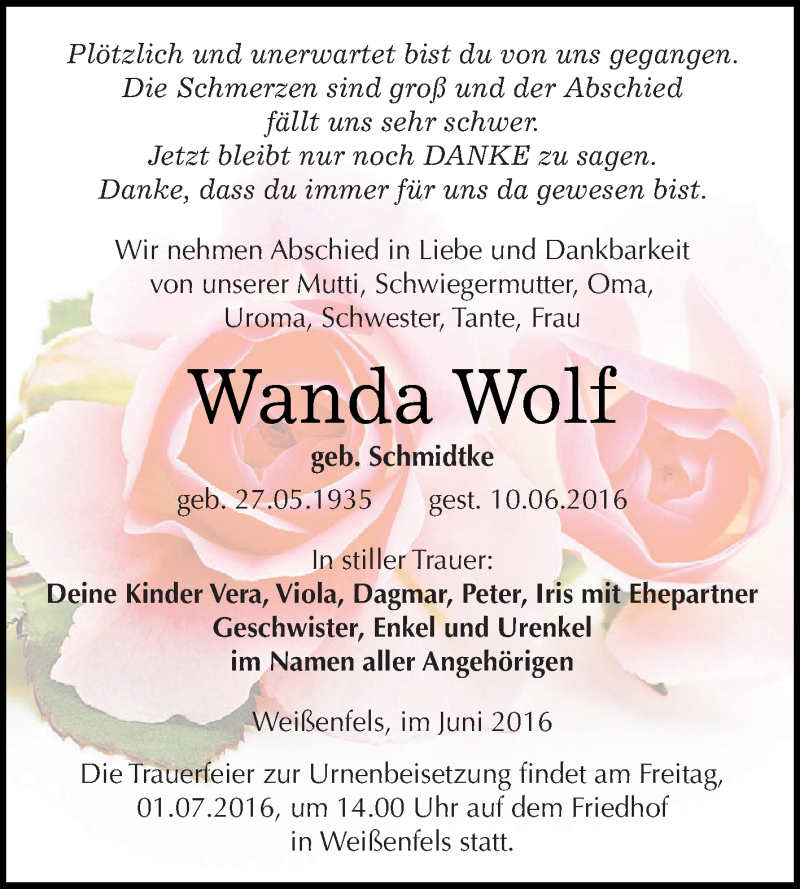 Traueranzeigen von Wanda Wolf | www.abschied-nehmen.de