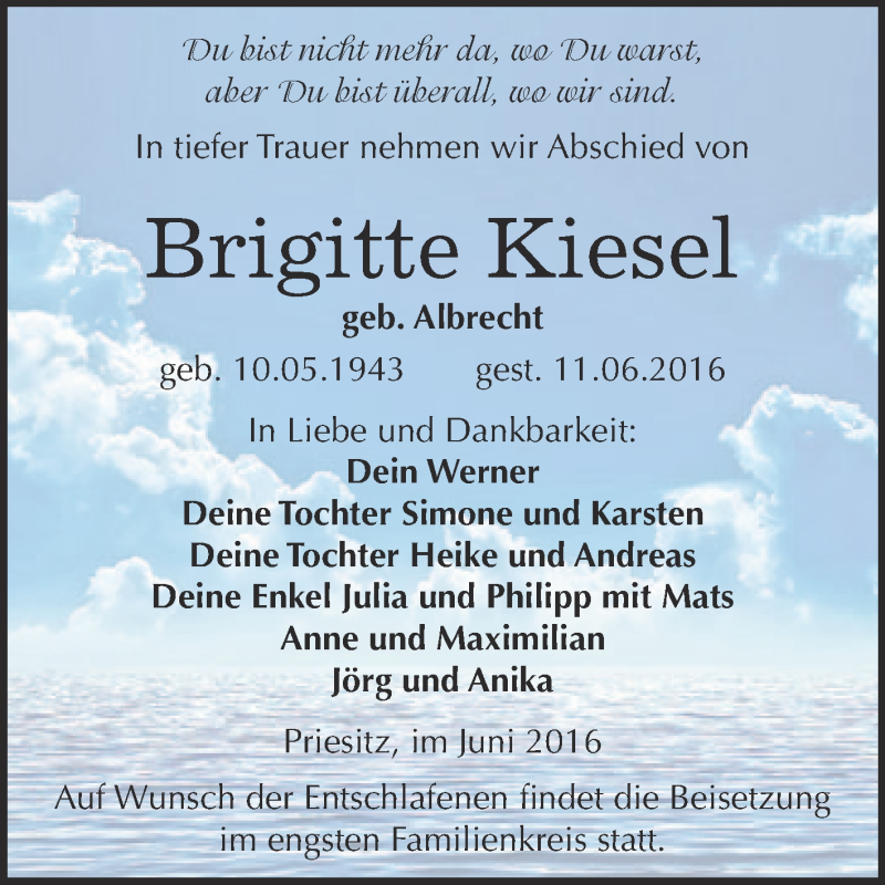 Traueranzeigen von Brigitte Kiesel | www.abschied-nehmen.de