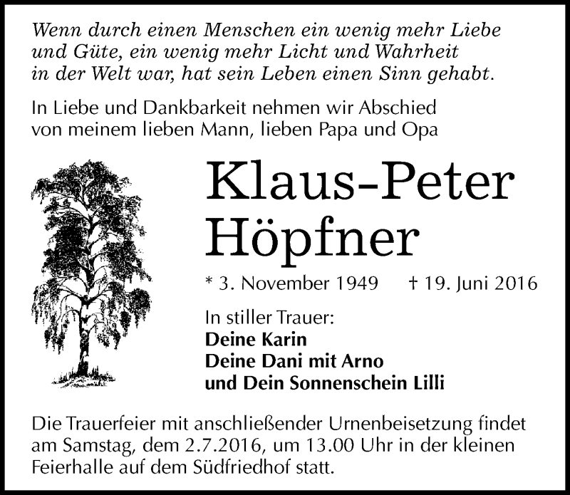 Traueranzeigen von Klaus-Peter Höpfner | www.abschied-nehmen.de