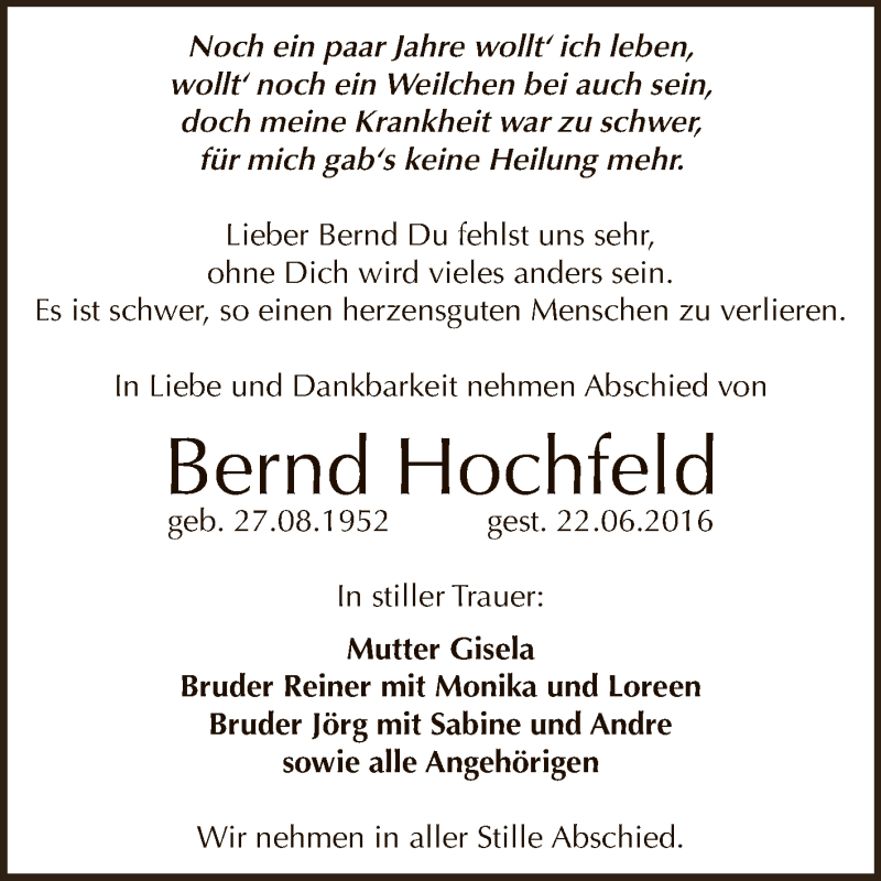 Traueranzeigen von Bernd Hochfeld | www.abschied-nehmen.de