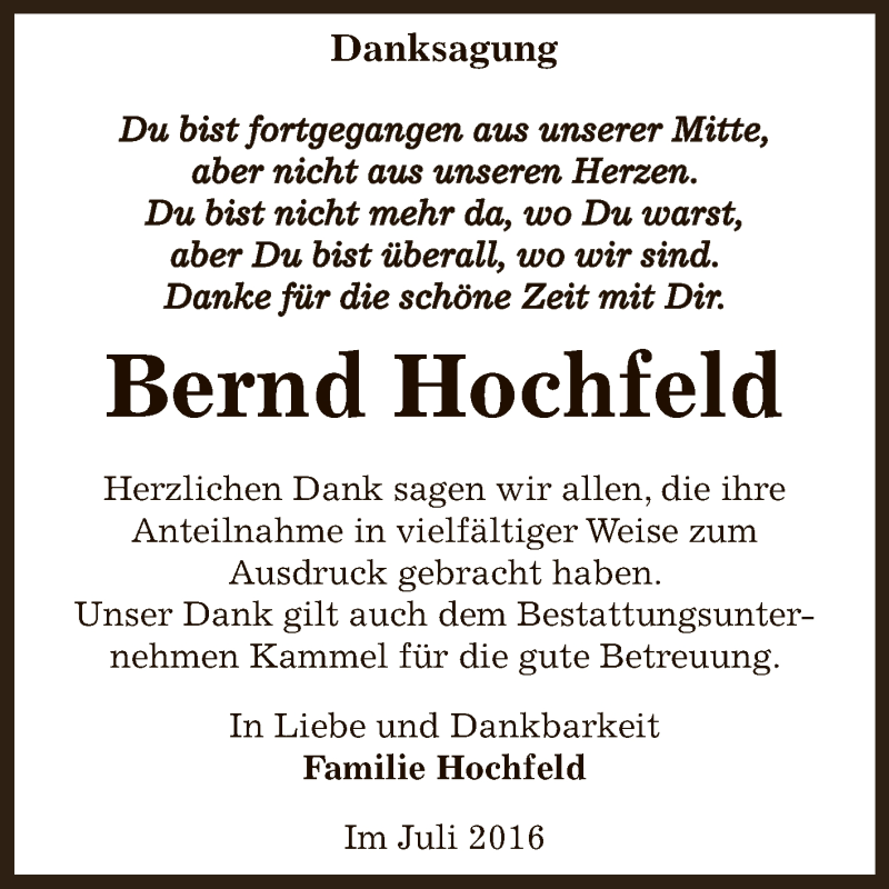 Traueranzeigen von Bernd Hochfeld | www.abschied-nehmen.de