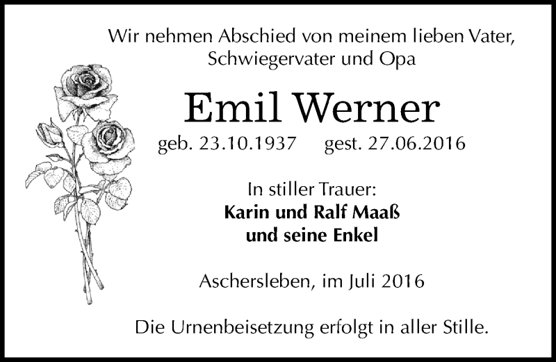 Traueranzeigen von Emil Werner | www.abschied-nehmen.de