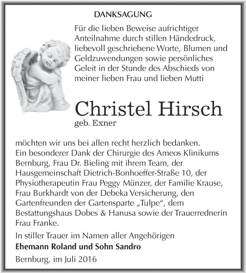 Traueranzeigen von Christel Hirsch | www.abschied-nehmen.de