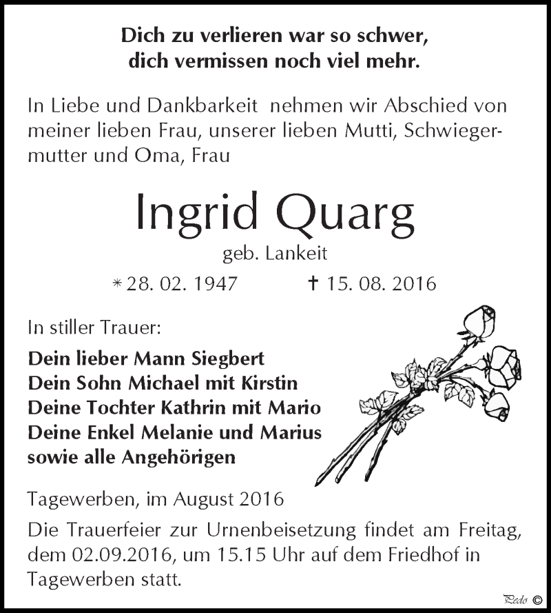 Traueranzeigen von Ingrid Quarg | www.abschied-nehmen.de