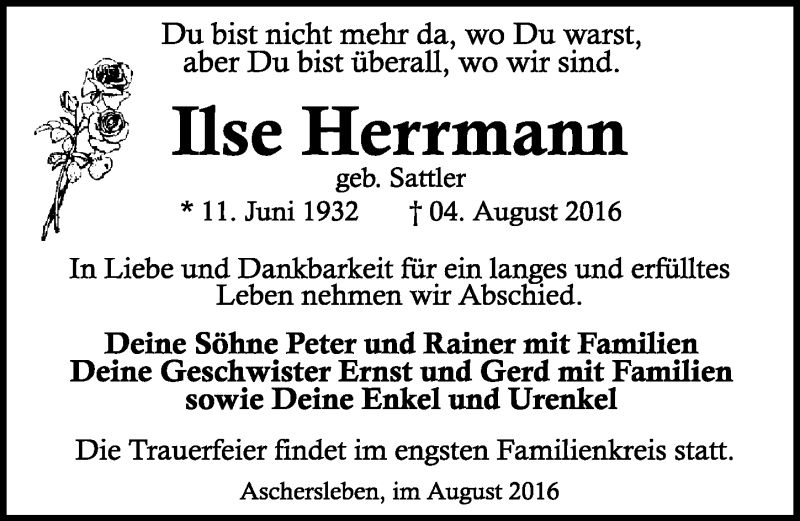 Traueranzeigen von Ilse Herrmann | www.abschied-nehmen.de
