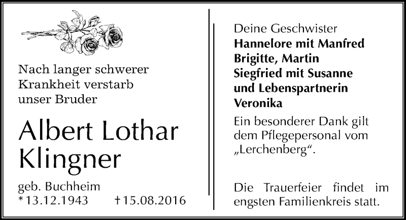Traueranzeigen von Albert Lothar Klingner | www.abschied-nehmen.de