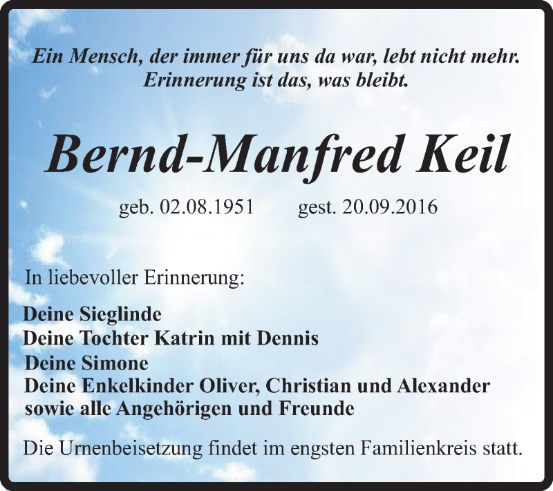 Traueranzeigen von Bernd-Manfred Keil | www.abschied-nehmen.de