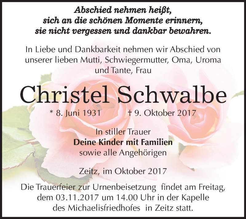 Traueranzeigen von Christel Schwalbe | www.abschied-nehmen.de