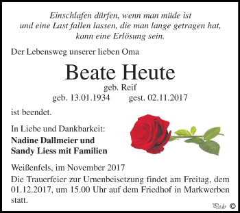 Traueranzeigen von Beate Heute | www.abschied-nehmen.de