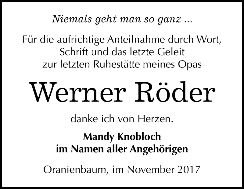Traueranzeigen von Werner Röder | www.abschied-nehmen.de