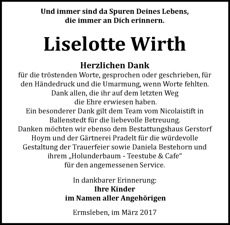 Traueranzeigen von Liselotte Wirth | www.abschied-nehmen.de