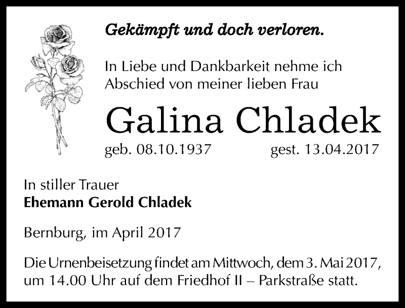 Traueranzeigen von Galina Chladek | www.abschied-nehmen.de Traueranzeigen von Galina Chladek | www.abschied-nehmen.de