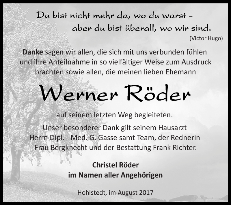 Traueranzeigen von Werner Röder | www.abschied-nehmen.de