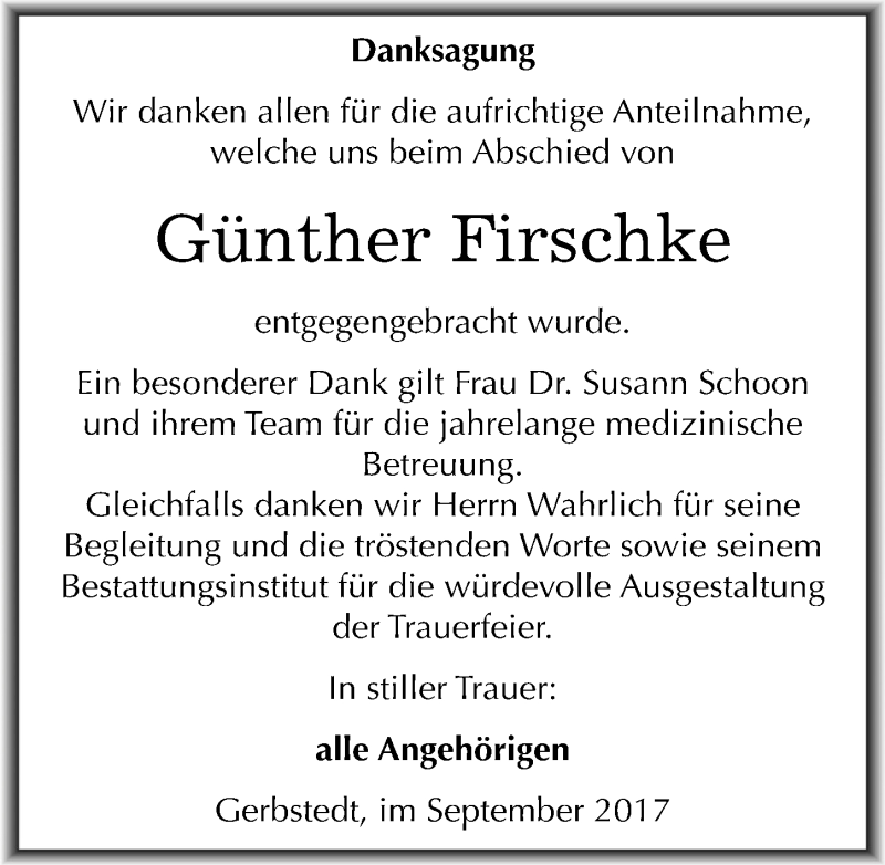 Traueranzeigen von Günther Firschke | www.abschied-nehmen.de