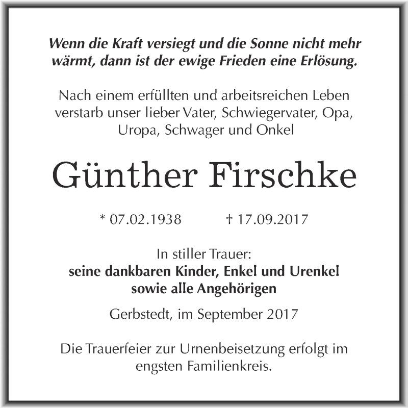 Traueranzeigen von Günther Firschke | www.abschied-nehmen.de