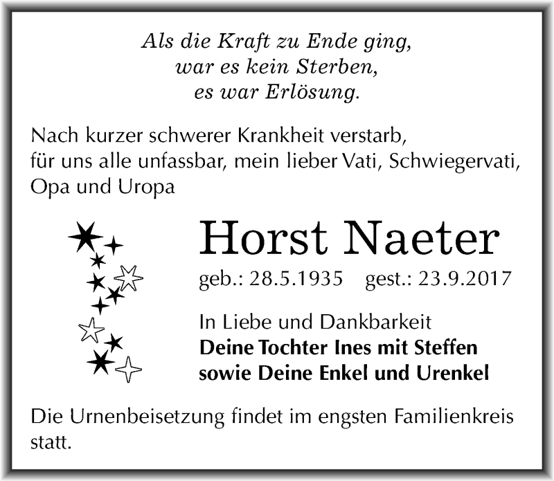 Traueranzeigen von Horst Naeter | www.abschied-nehmen.de