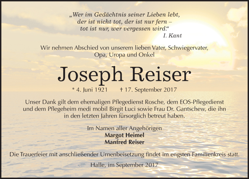Traueranzeigen von Joseph Reiser | www.abschied-nehmen.de