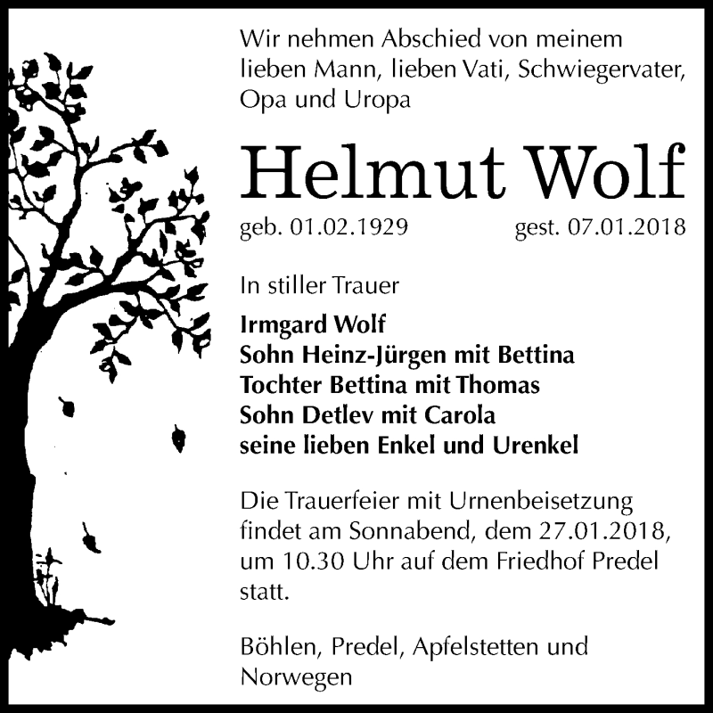 Traueranzeigen von Helmut Wolf | www.abschied-nehmen.de