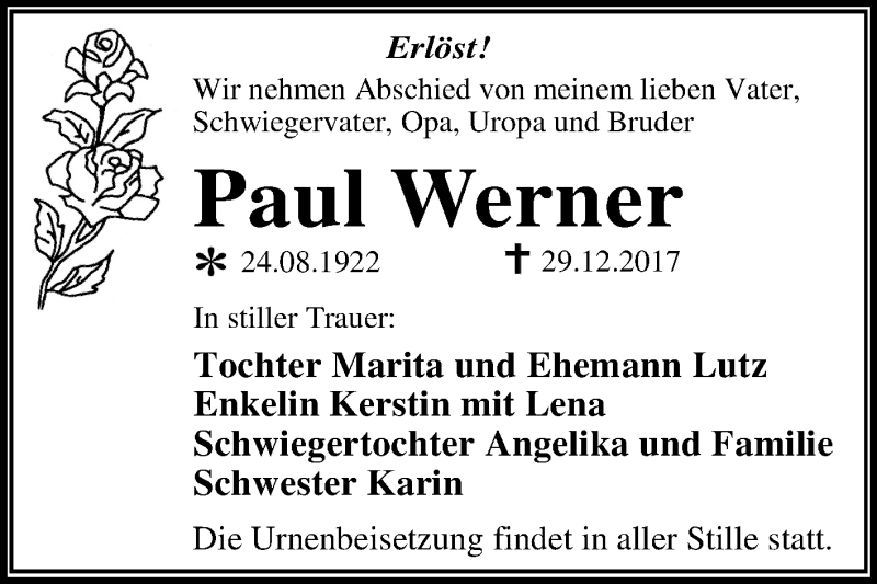 Traueranzeigen von Paul Werner | www.abschied-nehmen.de