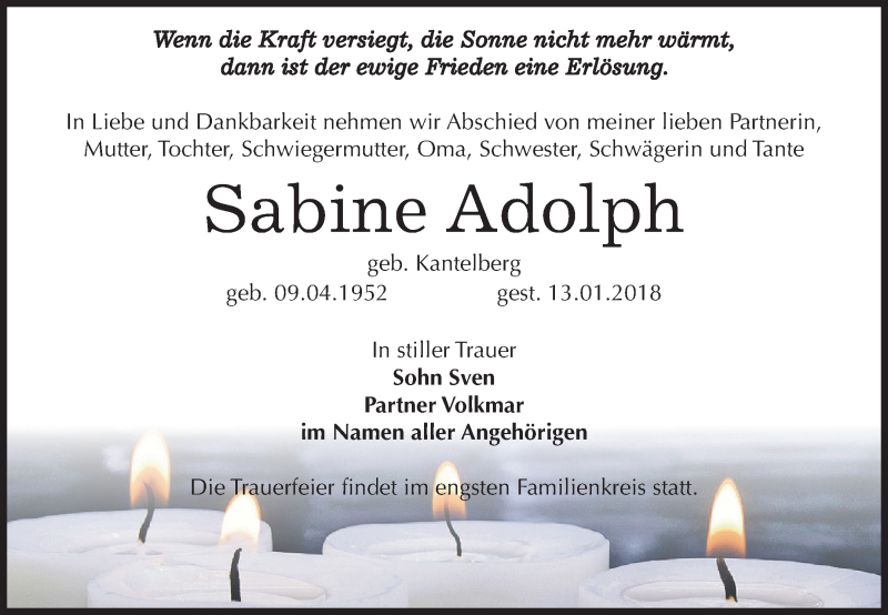 Traueranzeigen von Sabine Adolph | www.abschied-nehmen.de