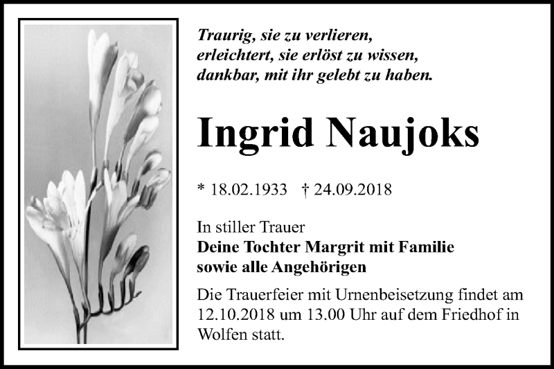 Traueranzeigen von Ingrid Naujoks | www.abschied-nehmen.de Traueranzeigen von Ingrid Naujoks | www.abschied-nehmen.de