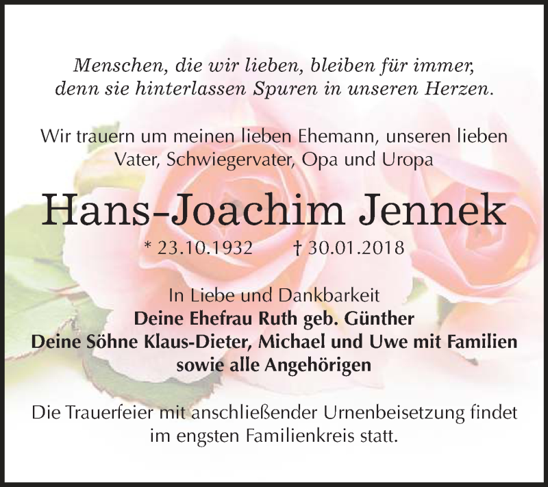 Traueranzeigen von Hans-Joachim Jennek | www.abschied-nehmen.de