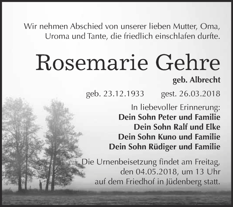 Traueranzeigen von Rosemarie Gehre | www.abschied-nehmen.de