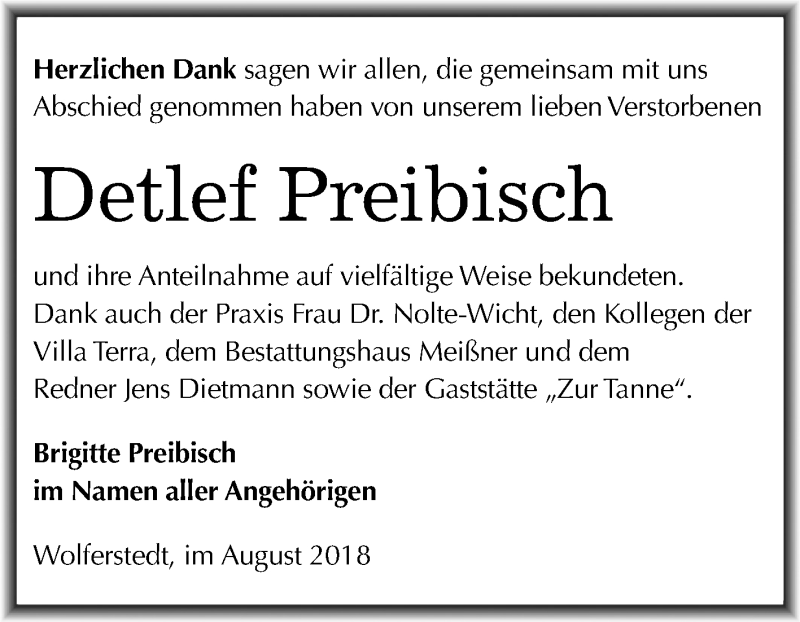 Traueranzeigen von Detlef Preibisch | www.abschied-nehmen.de