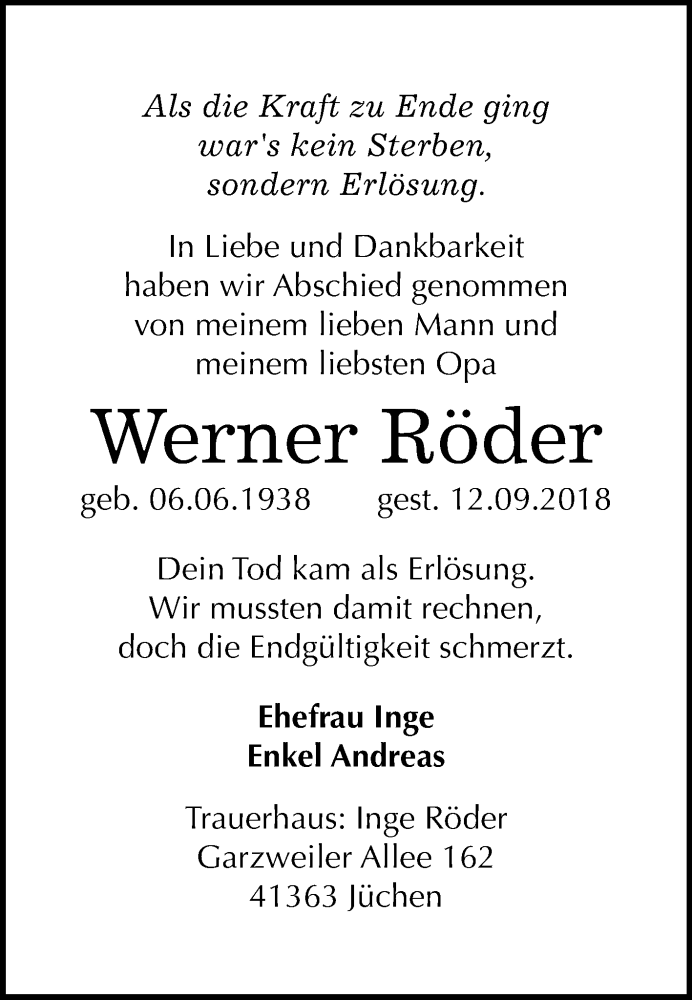 Traueranzeigen von Werner Röder | www.abschied-nehmen.de