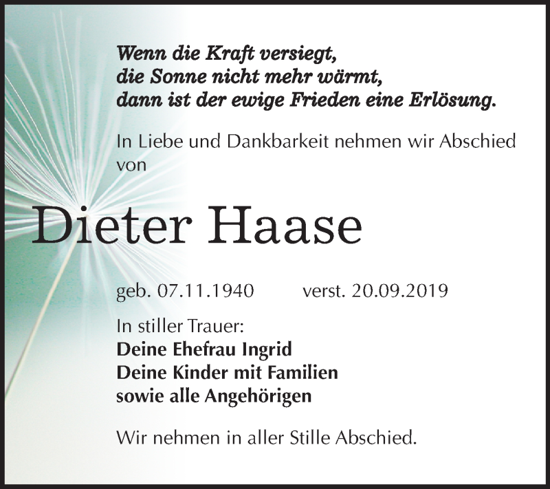 Traueranzeigen von Dieter Haase | www.abschied-nehmen.de